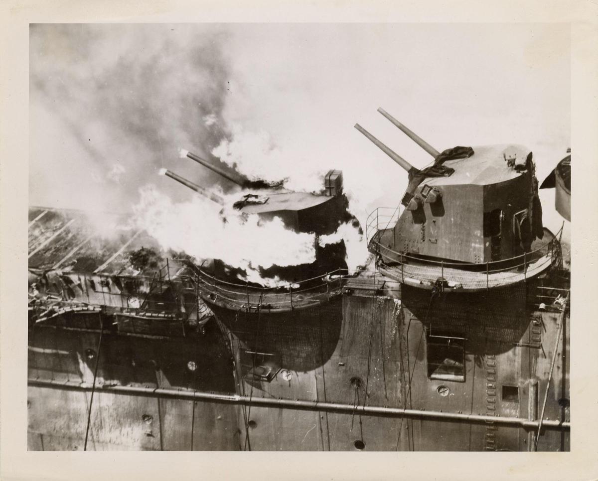 View of the USS Franklin (CV-13)'s Five-Inch Guns Following Attack ...