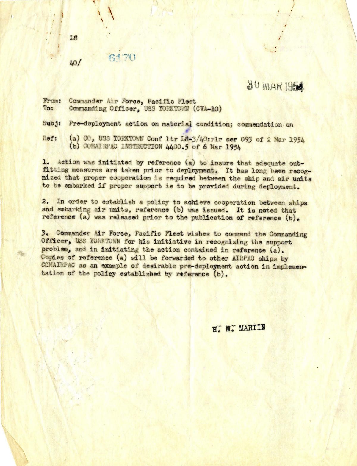 Letter From Harold M. Martin to Captain McKechnie Dated March 30, 1954 ...